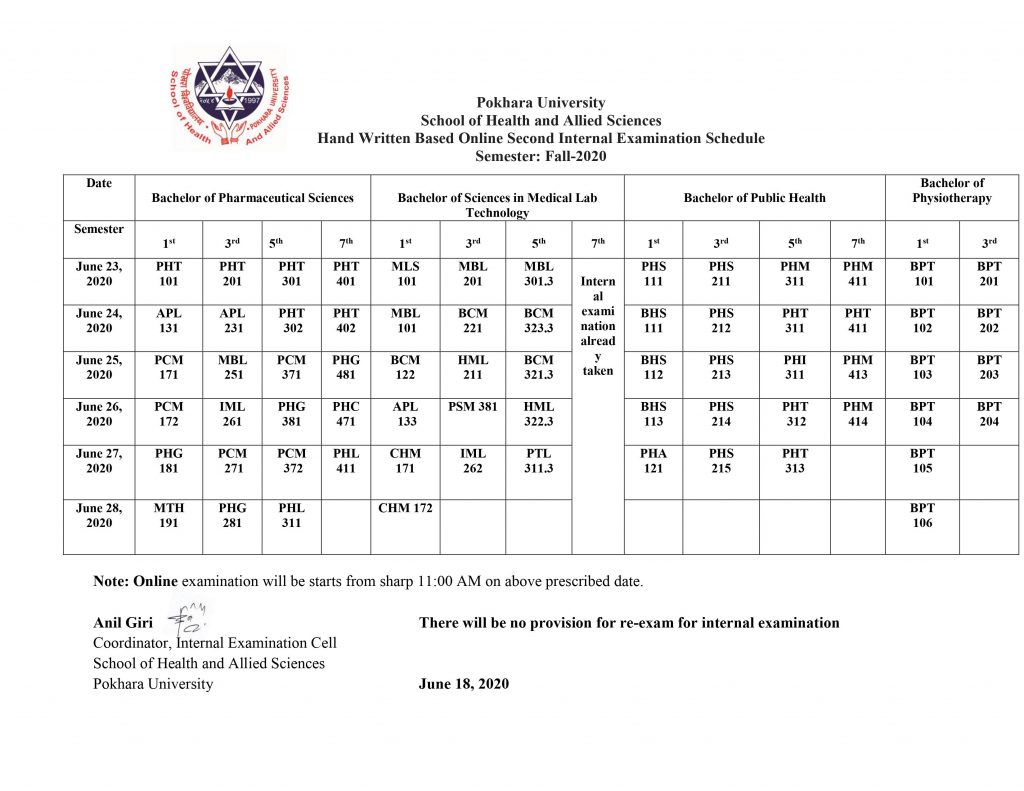 Hand Written Based Online Second Internal Examination Schedule ...