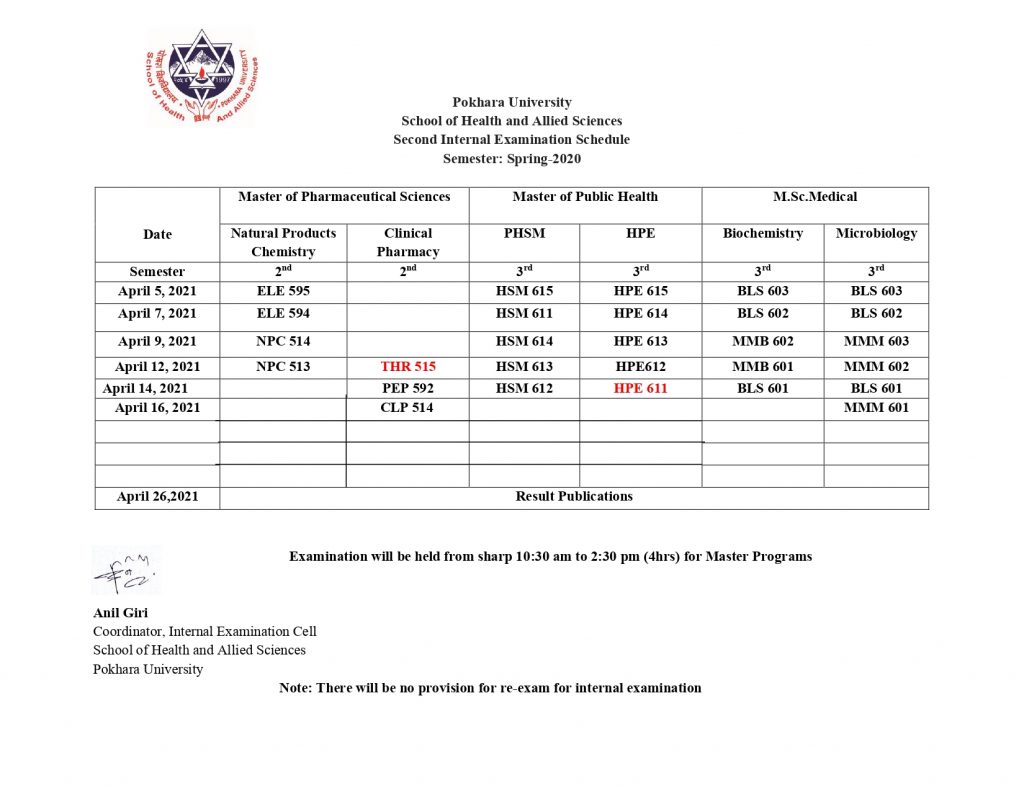 Second Internal Examination Masters (Spring 2020) Level Schedule Published | SHAS
