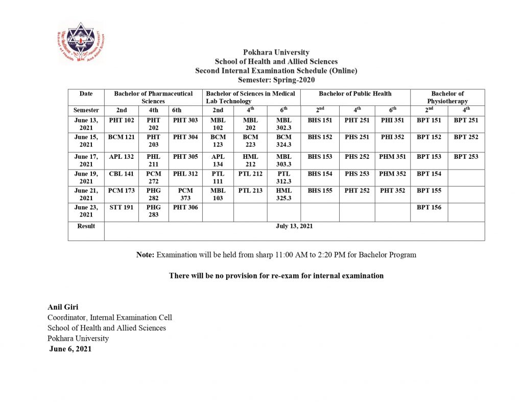 Second Internal Online Examination Schedule Published (Bachelor Program): Spring 2020 - SHAS | SHAS